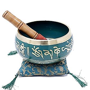 Tibetan Holy Mantra Singing Bowl With Cushion & Mallet - For Meditation Prayer & Yoga - PREMIUM QUALITY - JIVE BRAND (Small, Green)