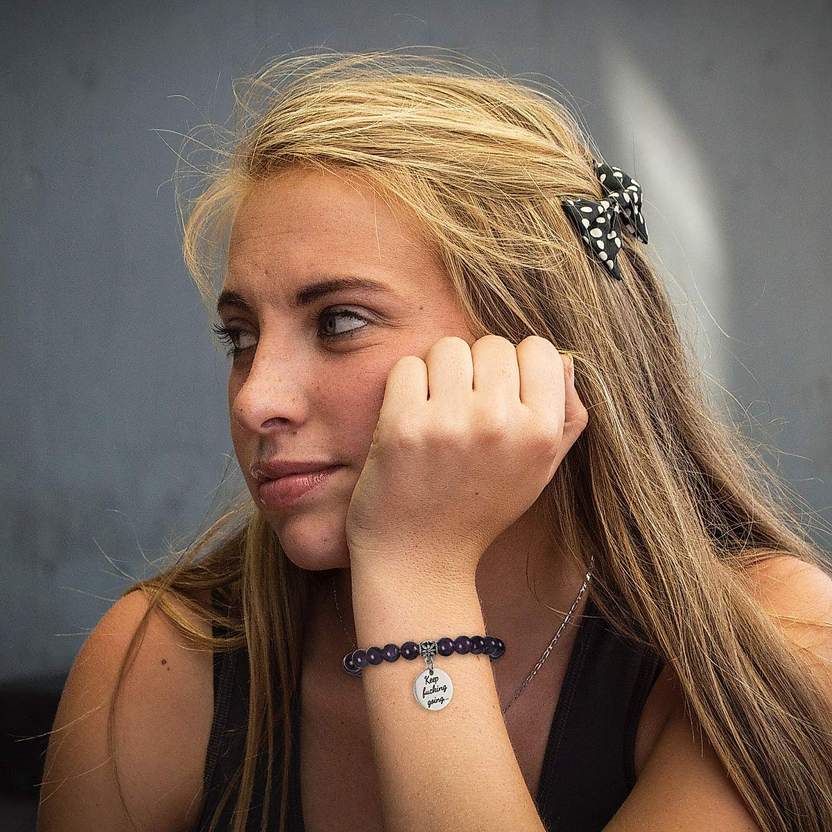 Top Plaza Amethyst Healing Crystal Stone Bead Bracelet 7 Chakra Reiki Yoga Gemstone Beaded Bracelets Inspirational Message Charm Bracelet for Women Men