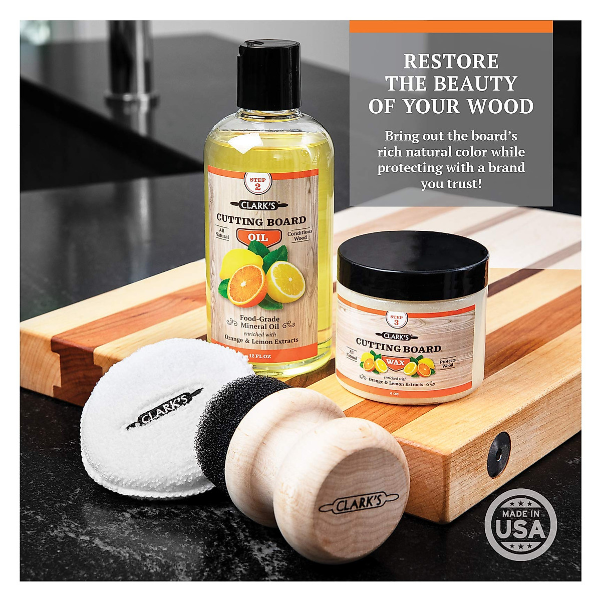 CLARK’S Cutting Board Oil and Wax Kit – Includes Food Grade Mineral Oil (12oz), Finishing Wax (6oz), Applicator, & Buffing Pad to Clean and Protect Wood, Enriched with Natural Lemon & Orange Extract