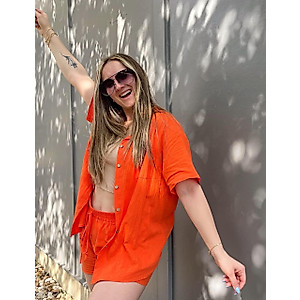QIBABU Women's Linen Shorts Sets 2 Piece Summer Short Sleeve Top and Shorts Sweatsuit Set Vacation Beach Outfits(1521-Orange-L-QB)