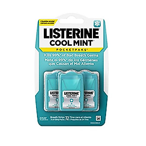 Listerine Cool Mint Pocketpaks Breath Strips Kills Bad Breath Germs, 24-Strip Pack, 3 Pack