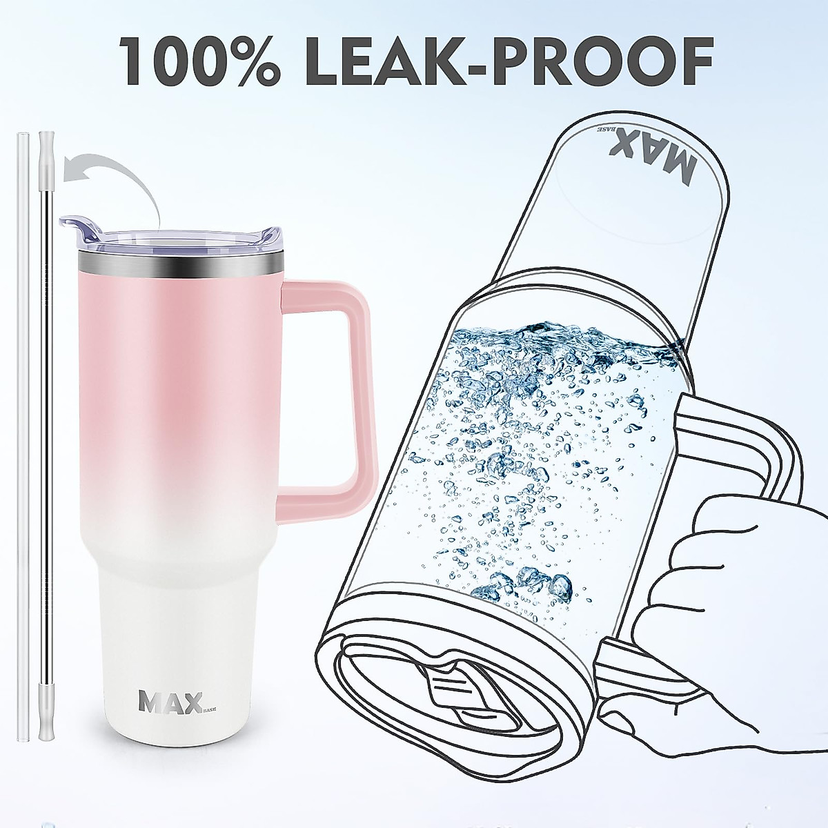 MaxBase 40 oz Tumbler with Handle and Straw Lid, Insulated Reusable Stainless Steel Travel Mug Keeps Drinks Cold up to 34 Hours, 100% Leakproof Bottle for Water, Iced Tea or Coffee, Smoothie and More