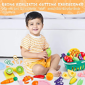 FLMRIOY 77 Pcs Cutting Play Food Toys for Kids Kitchen Accessories Peel & Cut Fruits and Vegetables Pretend Role Play Set with Storage Basket Fake Food Toys for Toddlers Children's Day Gift