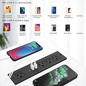 Type-C Recessed Power Socket, 20W PD Fast Charging USB-C QC3.0 3A USB-A Power Strip, Plug in 4 Outlets & 2 USB-A Ports &1 USB-C Port,Connect Flat Plug 6.5ft Extension Cord Black