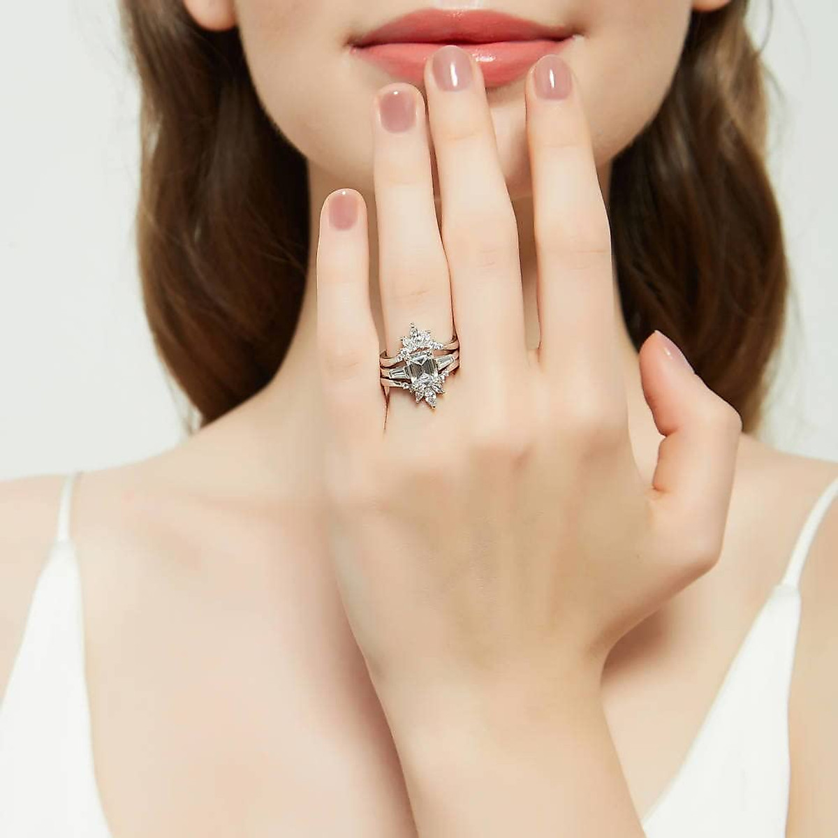 BERRICLE Sterling Silver 3-Stone Wedding Engagement Rings Emerald Cut Cubic Zirconia CZ 7-Stone Ring Set for Women, Rhodium Plated Size 5.5