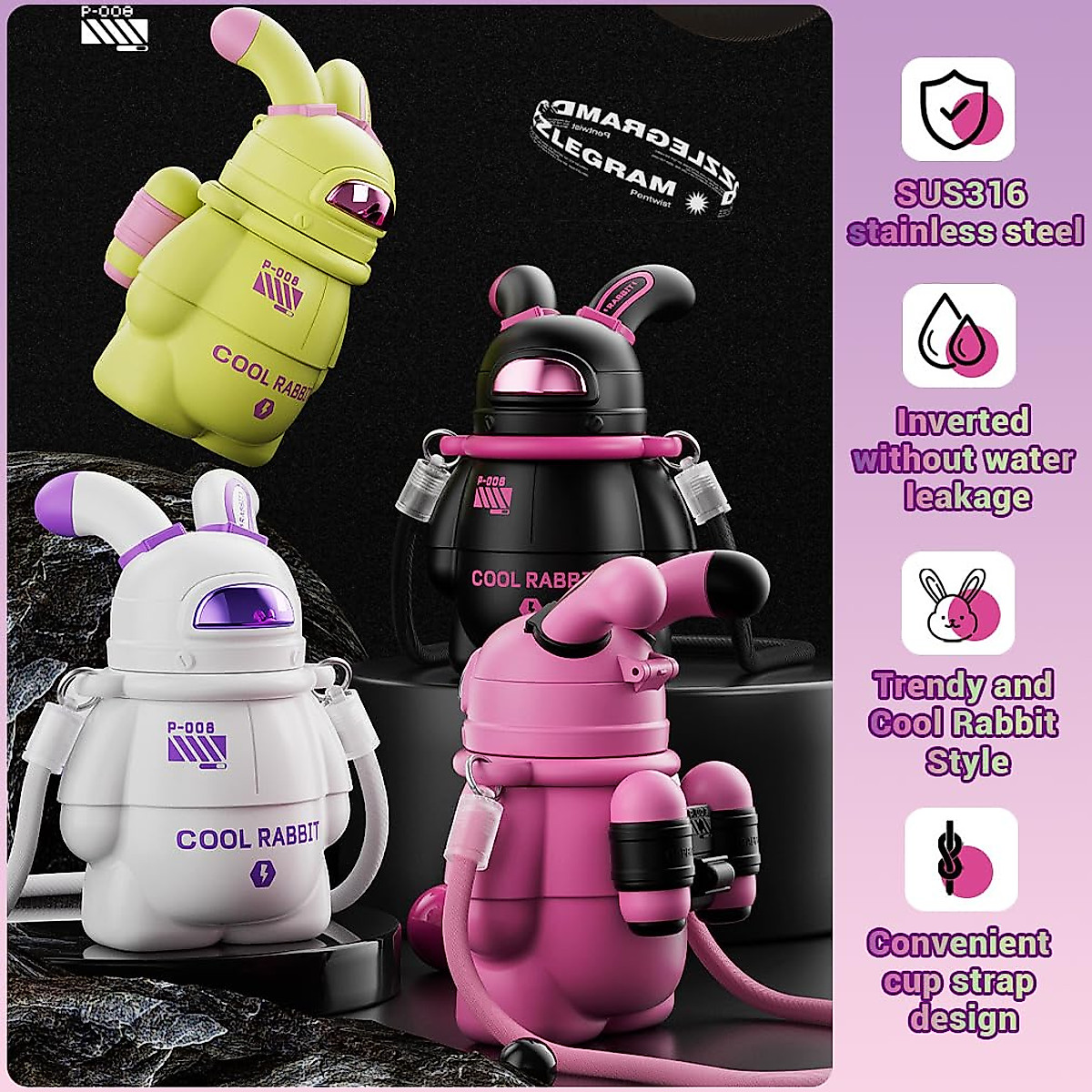 Huisvroe Space Moon Rabbit Stainless Steel Cup Trendy Large Capacity for Kids Ideal for School and Travel Great Gift Option Extraordinary insulation Keeps drinks hot or cold all day(White)