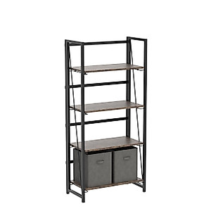 4NM No-Assembly Folding Bookshelf Storage Shelves 4 Tiers Vintage Bookcase Standing Racks Study Organizer Home Office (Rustic Brown and Black)