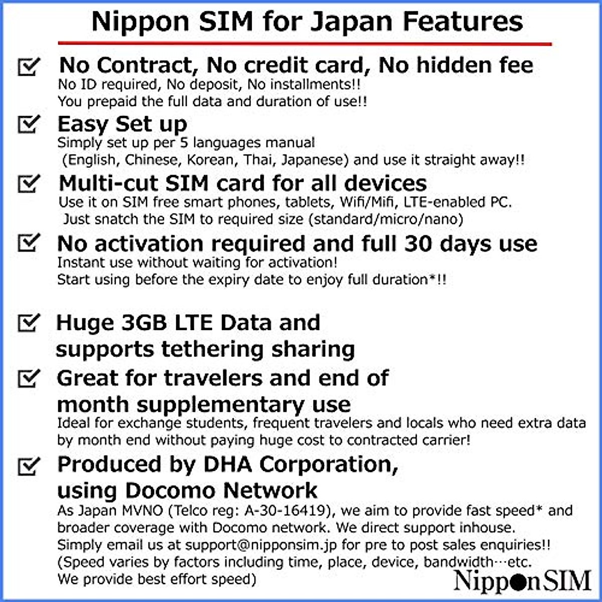 Nippon SIM for Japan 30 Days 3GB 4G LTE Data (No Voice/Text) 3-in-1 SIM Card | docomo Network | Japan Local Support | No Activation No Contract | Supports Tethering | 短期帰国・短期来日最適 安心メーカーサポート