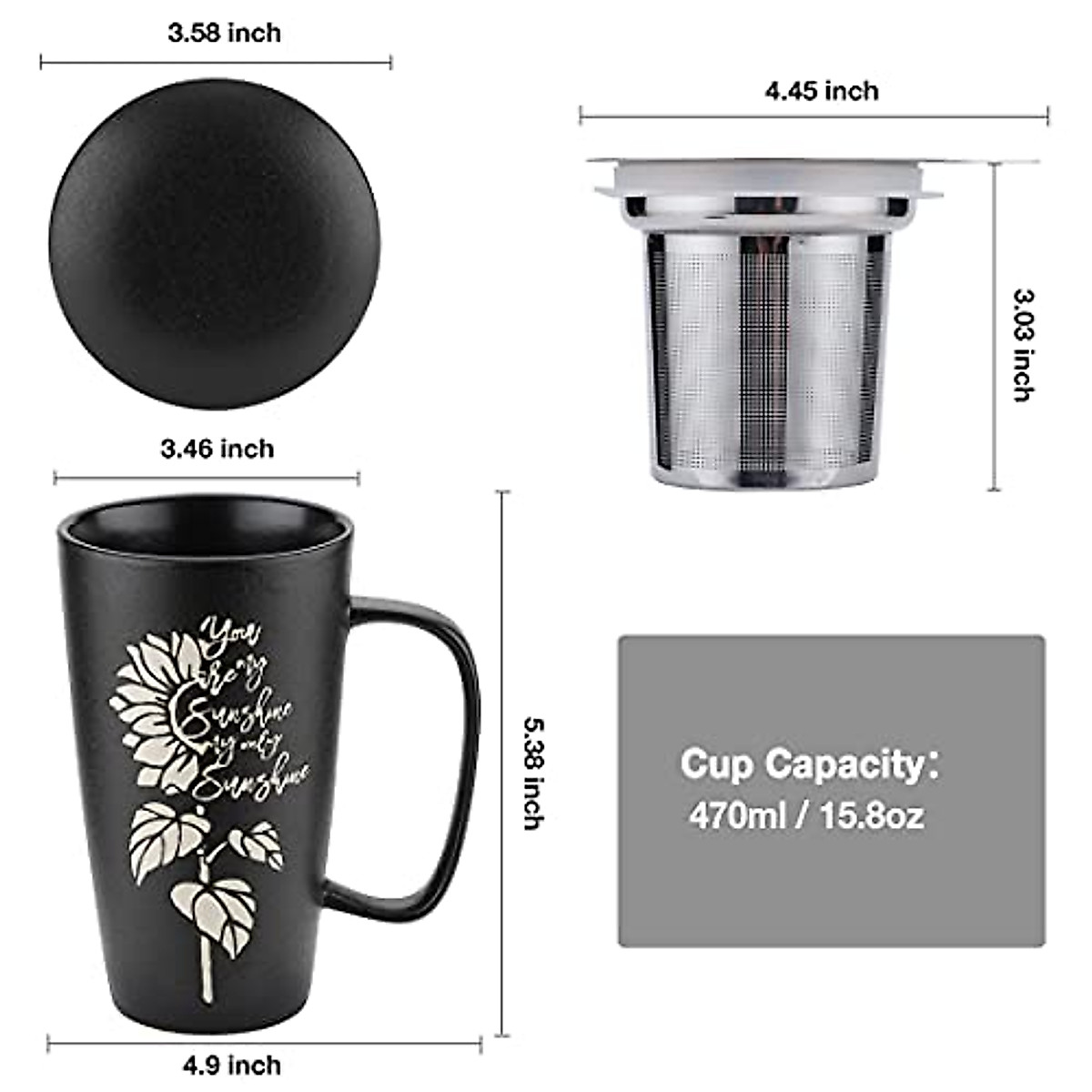 Taimei Teatime Ceramic Tea Mug with Infuser and Lid, 15.5 oz Tea Infuser Mug with Large Strainer for Steeping Loose Leaf Tea, Women Man Office Home Gift, Black