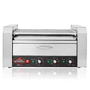 Olde Midway Electric 30 Hot Dog 11 Roller Grill Cooker Machine with Bun Warming Drawer and Cover - Commercial Grade, Stainless Steel