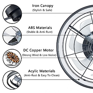 AVORHING Ceiling Fan with lights Remote Control,20" Low Profile Ceiling Fan,6 Wind Speeds Dimmable Caged Flush Mount Ceiling Fan,Smart Modern Ceiling Fan for Kids Room,Bedroom, Kitchen (Black)