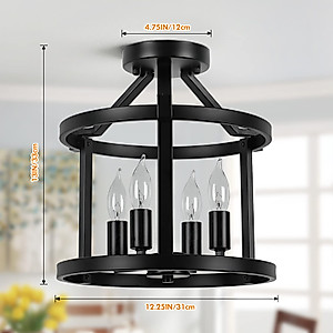4-Light Farmhouse Metal Semi Flush Mount Ceiling Light Fixture, Industrial Vintage Matte Black E12 Candle Ceiling Lamp, Rustic Chandeliers for Living Room Bedroom Dining Room Entryway Hallway Kitchen