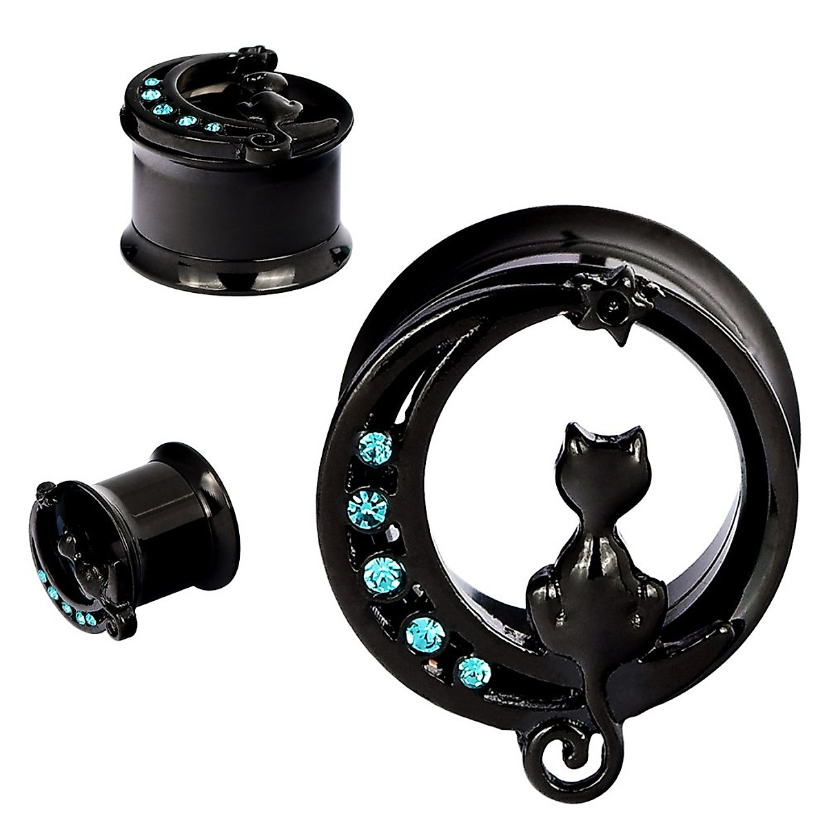 YOFANST Stainless Steel Black Cat on The Moon Ear Expander Piercing Tunnels Gauge 0g