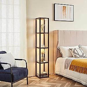 FENLO Fantasy 66" Luxury Glass Display Shelf with Dimmable LED Floor Lamps, Sturdy Glass Shelves for Bedroom, Curio Cabinet with Glass Bookshelf Display Case, Floor Lamp with Shelves - Brown