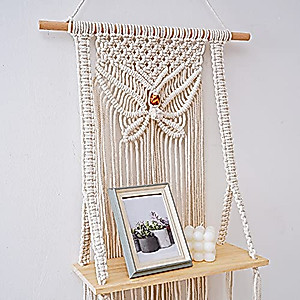 BIGEBO Macrame Wall Hanging Shelf, Handmade Hanging Shelves Floating Wood shelve Butterfly Wall Decor for Bedroom Living Room Boho Bathroom Decor Plants (White)