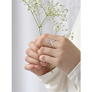 GLOQUAT Dainty Rings 925 Silver Plated Ring V Design Cubic Zirconia Stackable Rings Wedding Band with Clear CZ Statement Promise Rings Eternity Rings Diamond Fake Engagement Rings for Women Ring Size 5