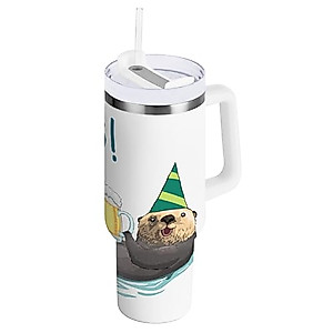 Exnundod 40 oz Tumbler with Handle Cute Otter Cheers Beer Insulated Stainless Steel Cup with Lid and Straw Travel Cup Leak-proof Fits in Car Cup Holder for Iced & Hot
