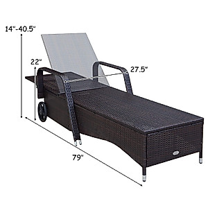 Tangkula Patio Chaise with Wheels, 6 Positions Adjustable Outdoor Lounger Chair with Steel Frame, Mix Brown Weaving Rattan, Cushion and Head Pillow, Suitable for Poolside, Balcony and Garden