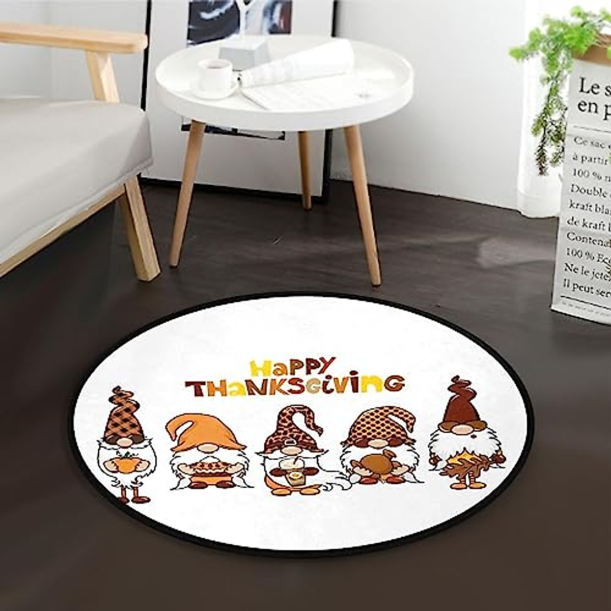 Happy Thanksgiving Gnomes Area Rug Round 3ft Circular Carpet Floor Mat Soft Non Skid for Living Room Dining Holiday Decor Seasonal Washable