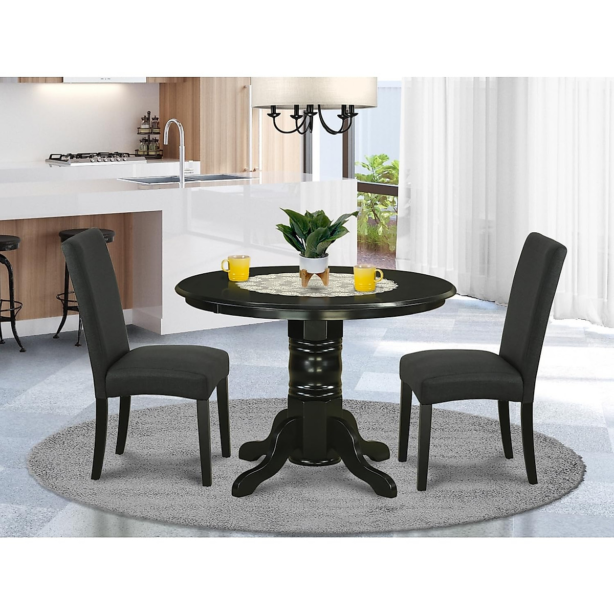 HomeStock Medieval Majesty 3Pc Round 42 Inch Dining Room Table and A Pair of Parson Chair with Black Finish Leg and Linen Fabric- Black Color