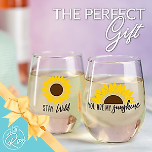 On The Rox Drinks Sunflower Wine Glasses Set of 2 - You Are My Sunshine - Sunflowers Gifts for Women and Kitchen Decor Accessories - Wine Tumbler Cup Glass Set - Sunflower Gift for House - 15 Oz