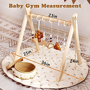 PgUp Wooden Baby Play Gym with Rainbow Mat, Foldable Baby Gym with Soft Playmats & 6 Hanging Toys for Baby Play & Learn, Toddler Activity Center Wooden Play Gym Newborn Gift for Baby Girls and Boys