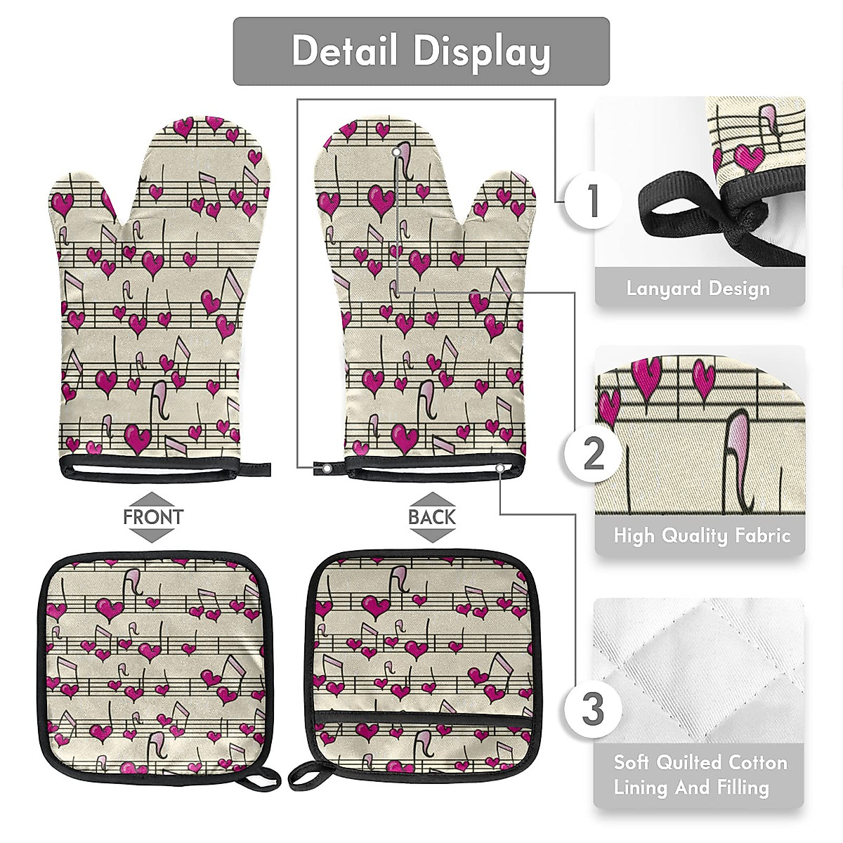 Oven Mitts and Pot Holders Set, Music Note Staff Love Heart 2 PCS Heat Resistant Non-Slip Oven Glove Hot Pads Washable Oven Mitts with Quilted Liner for Cooking Baking BBQ Grilling Barbecue