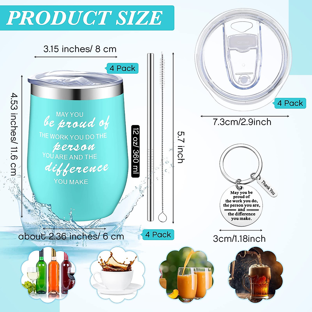 8 Pcs Employee Appreciation Gifts Bulk 4 Stainless Steel Tumbler with 4 Thank You Keychain Thank You Gifts for Women Men Coworker Friends Motivational Inspirational Wine Tumbler 12 Oz, 4 Colors