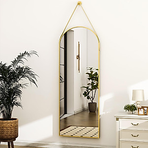 HARRITPURE 16"x48"Arched Mirror with Hanging Leather Strap Full Length Mirror Aluminum Frame Wall-Mounted Arch Mirror Hanging Mirrors for Bathroom Vanity Living Room Bedroom Entryway, Gold