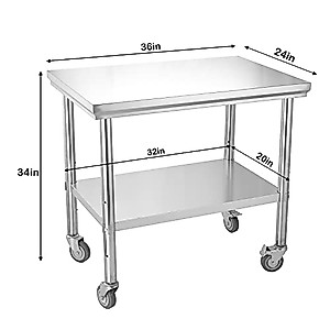 Commercial Work Table, 36" x 24" Stainless Steel Work Table with Wheels Heavy Duty Table for Restaurant Home and Hotel