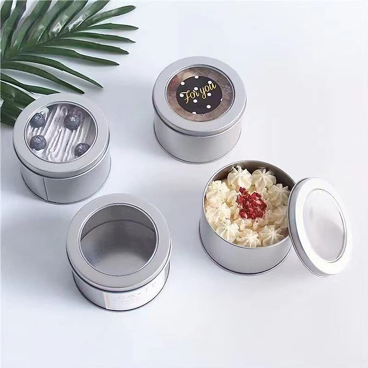 Abgream Metal Tin Cans - 2 Ounce Round Empty Containers with Clear Top for Cosmetics Crafts Food Storage Party Favors (30)