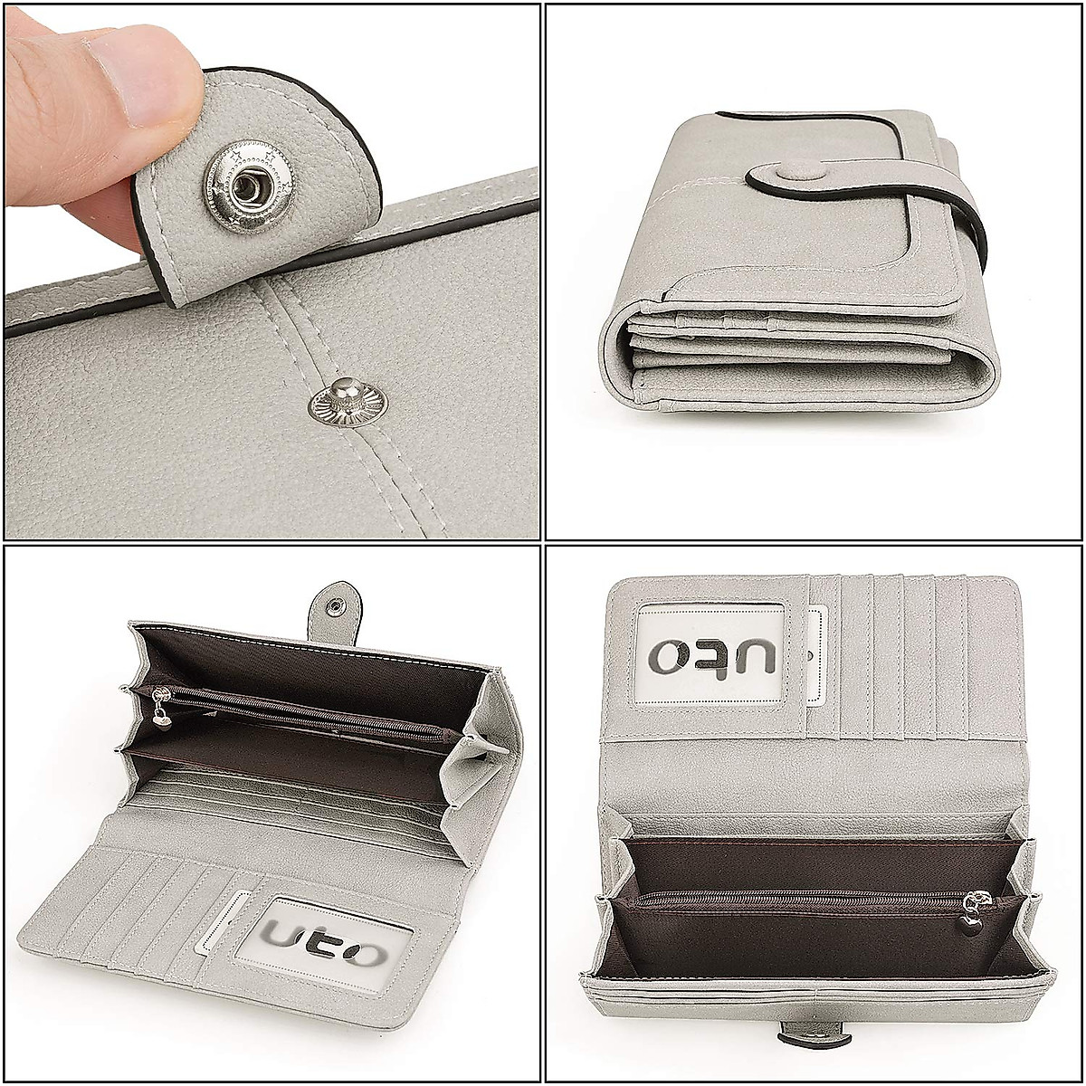 UTO RFID Wallet for Women Vegan Leather 18 Card Slots Card Holder Long Bifold Checkbook 5.5" Phone Blocking Tech Wallet Grey