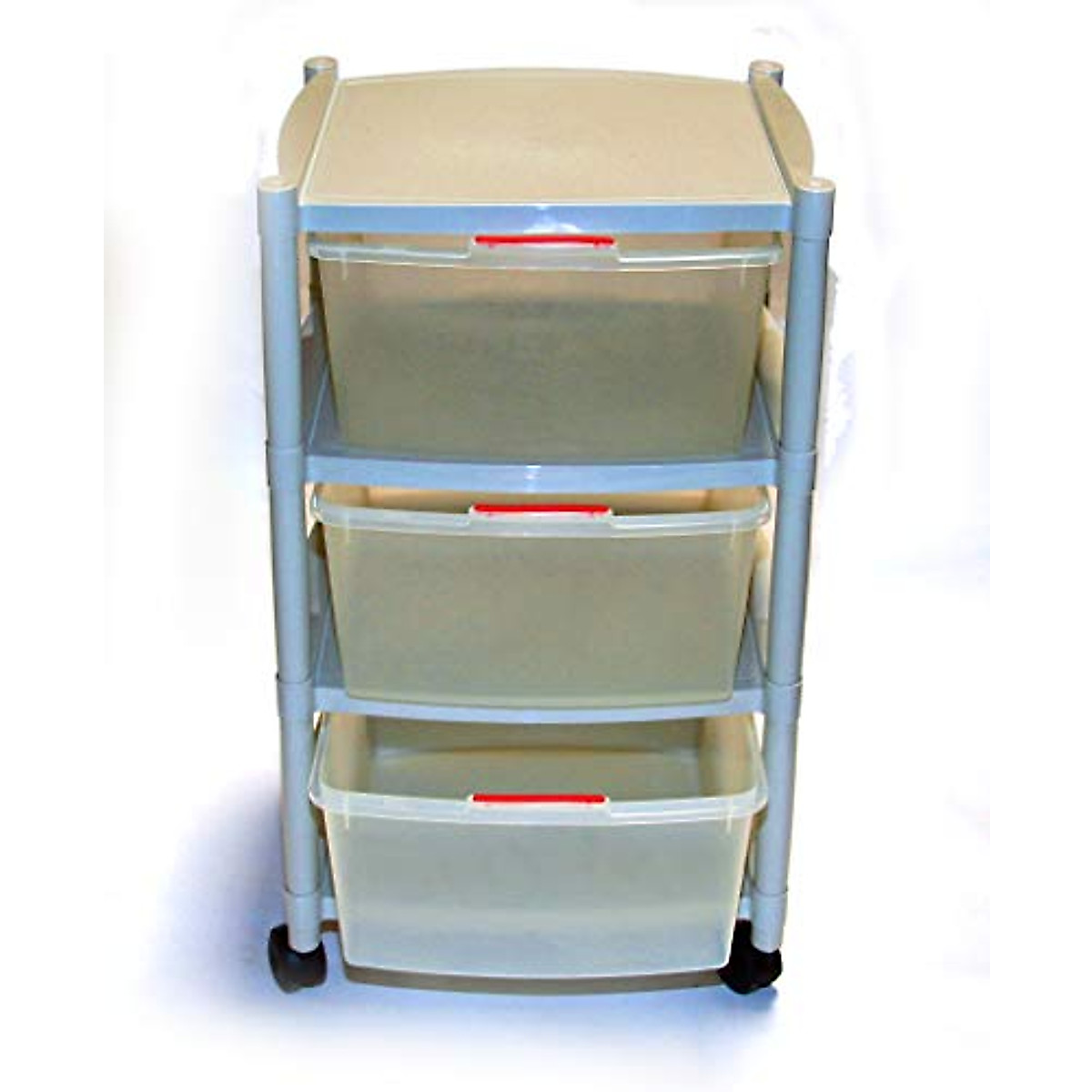 Rolling Storage Cart of 3 translucent removable drawers on wheels for anywhere: kids’ room, garage, workshop, or sewing room