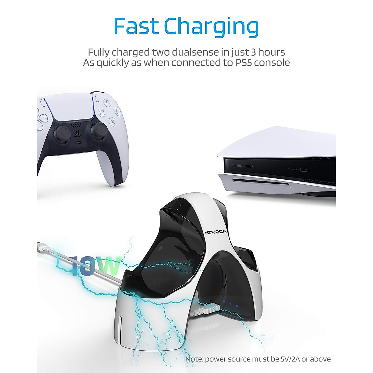 KINVOCA PS5 Charging Station,Controller Charger for DualSense, Charging Dock for Playstation 5 Wireless Controller, Supports Fast Charging and Over-Charging Protection (Charging Cable Included)