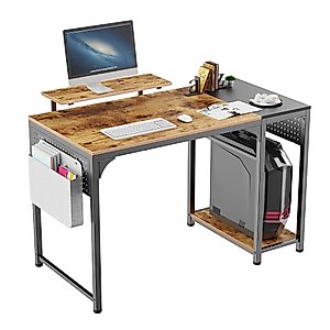 DESIGNA 55 Inch Home Office Computer Desk with Monitor Stand Storage Shelves, Study Writing Moder PC Computer Gaming Desk Large Workstation with 2 Hooks & Storage Bag, Reclaimed Wood/Black