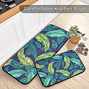 Blue Paisley Leaves Kitchen Rugs and Mats Set 2 Piece Non Slip Washable Runner Rug Set of 2 for Floor Home Decor Sink Kitchen Laundry