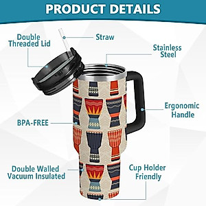 Exnundod African Djembe Drums Pattern Tumbler with Handle 30oz and Straw Insulated Tumblers Leak-proof Water Bottle for Car Travel