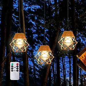 3er Pack Battery Operated Pendant Light Indoor Chandelier Hanging Lamp with Remote Control Timer LED Bulbs Boho Rattan Shade Outdoor Lantern for Gazebo Porch Patio Backyard Powered by 4*AA Batteries