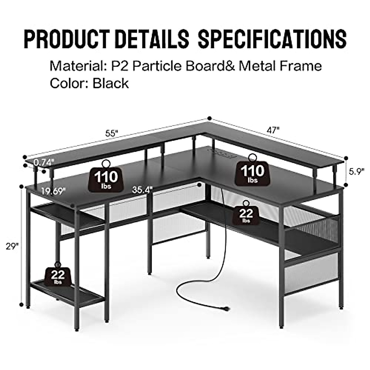 WASAGUN 55" Gaming Desk L Shaped with Power Outlet and LED Lights,Corner Computer Desk with Monitor Stand Storage Shelves for Home Office Gamer Desk