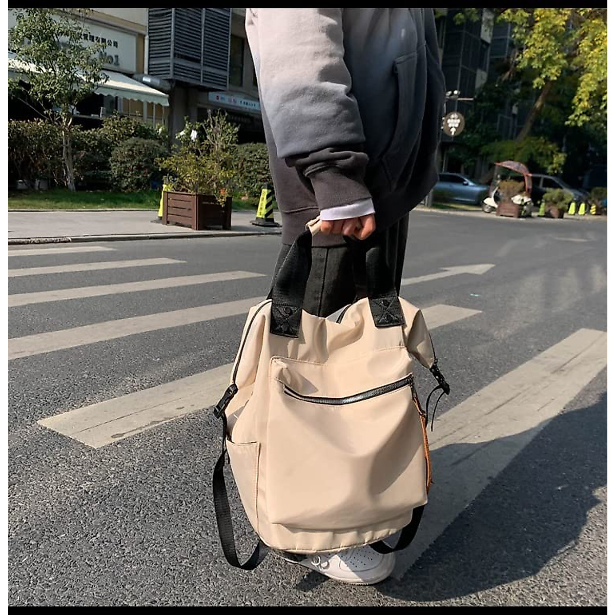 HACODAN Harajuku Grunge Aesthetic Backpack Tote Bag, Women Men Girls Schoolbag Large Back to School (beige)