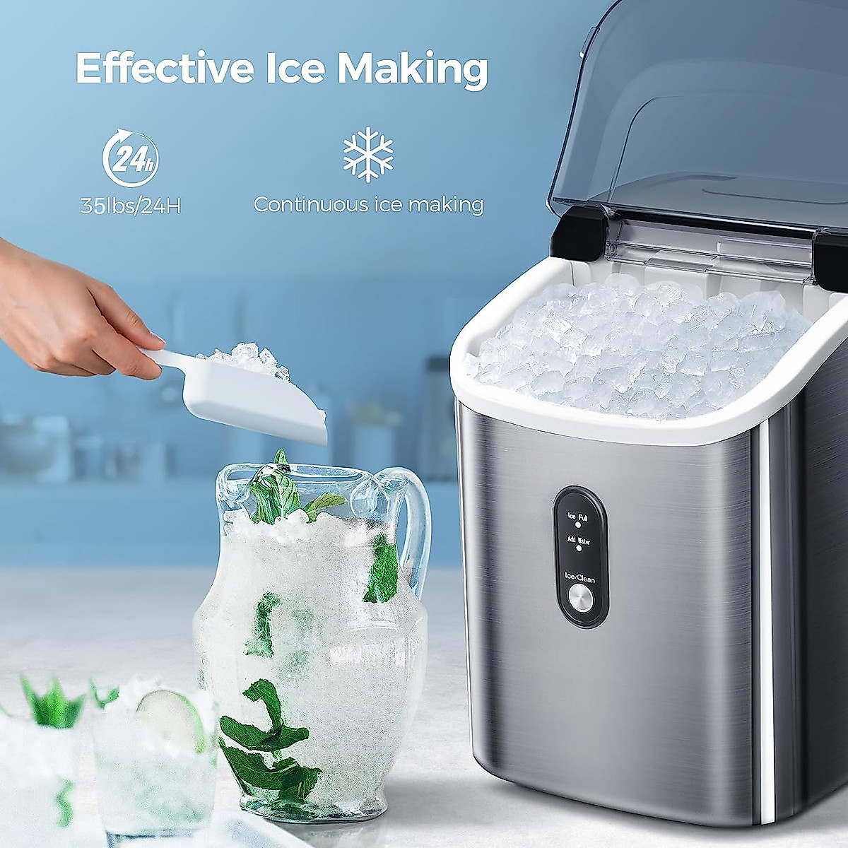 AGLUCKY Nugget Ice Maker Countertop, Portable Pebble Ice Maker Machine, 35lbs/Day Chewable Ice, Self-Cleaning, Stainless Steel, Pellet Ice Maker for Home/Kitchen/Office (Silver)
