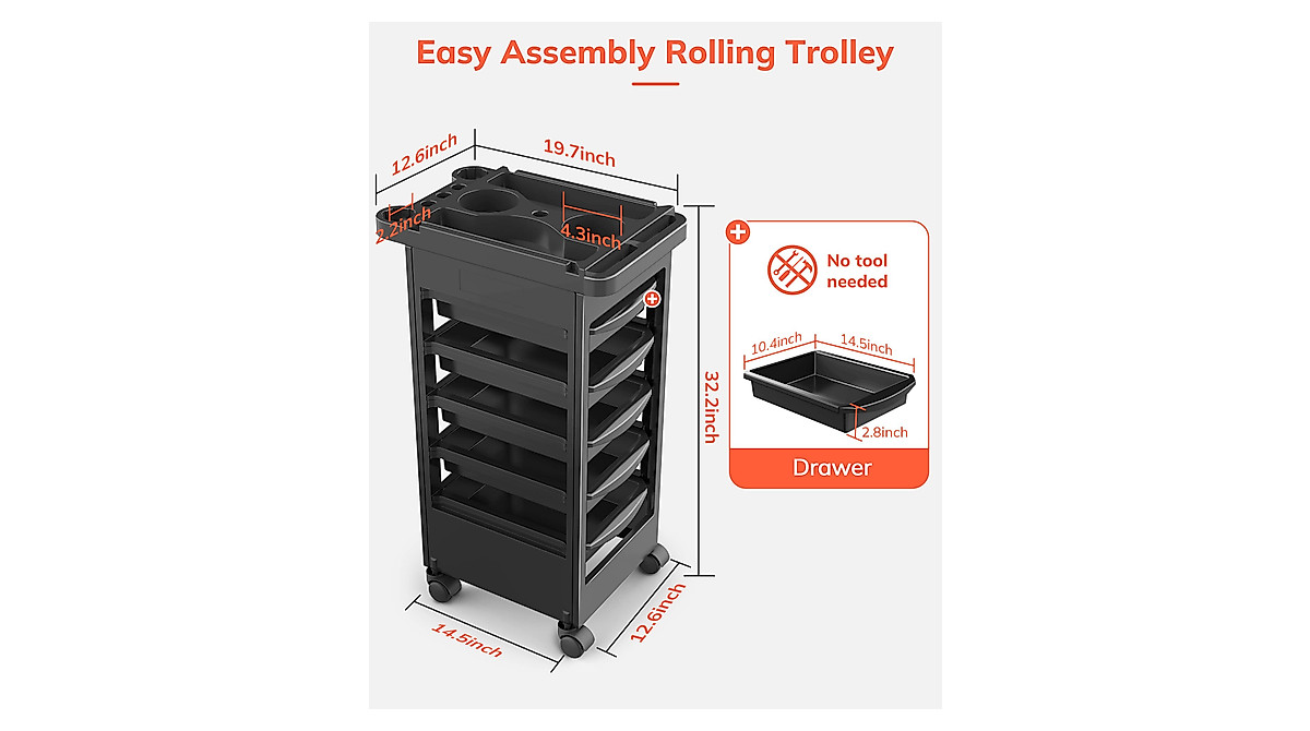 TASALON Salon Trolley Cart with 5 Drawers for Hair Styling