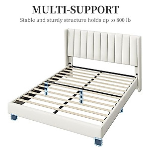 Yaheetech Full Bed Frame Upholstered Platform Bed with Fabric Headboard, Wing Edge Design/Non-Slip and Noise-Free/Wooden Slats Support/No Box Spring Needed/Easy Assembly, Beige Full Bed