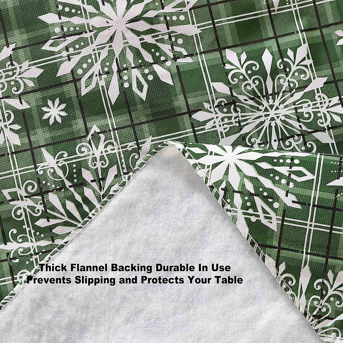 Newbridge Snowfall Snowflake Plaid Christmas Print Vinyl Flannel Backed Tablecloth Contemporary Snowflake Design Easy Care Wipe Clean Xmas Tablecloth, 60 Inch x 102 Inch Oblong/Rectangle, Green