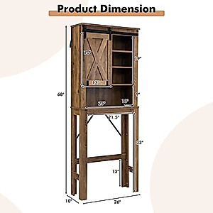 Giantex Over The Toilet Storage Cabinet - Freestanding Toilet Rack with Sliding Barn Door, 3-Level Adjustable Shelves, Anti-Toppling Devices, Non-Slip Foot Pads, Bathroom Toilet Shelf, Rustic Brown