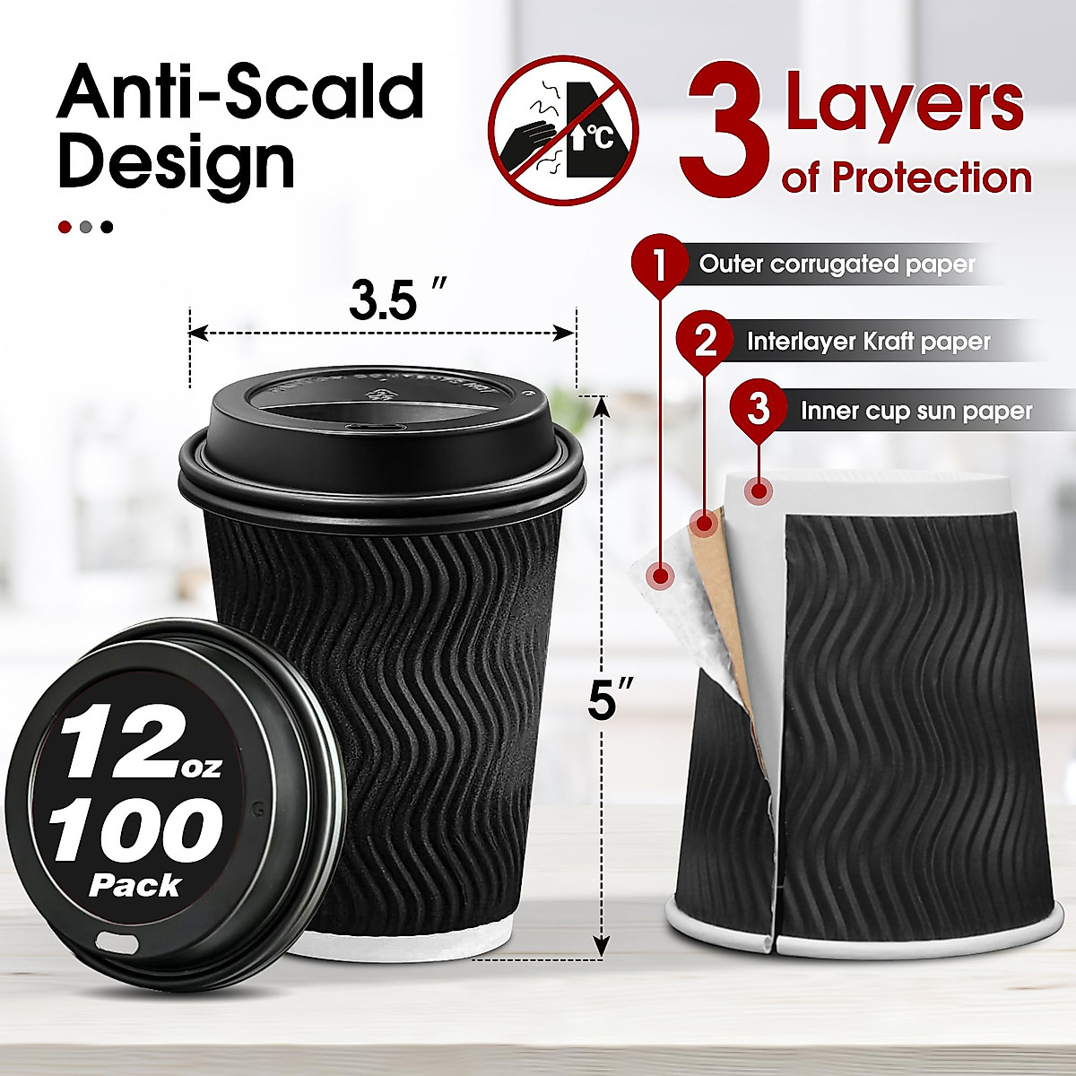 Ginkgo 100 Pack 12 oz Disposable Coffee Cups with Lids, To-Go Paper Coffee Cups Suitable for Hot Coffee, Chocolate and Cocoa, Coffee Bar Accessories - Black