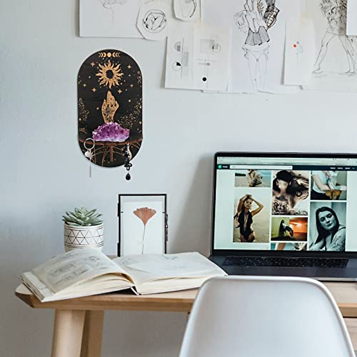 NOLITOY Black Crystal Display Bohemian Wooden Hanging Decoration Stand Crystal Stone Holder Wall Shelf for Crystals Essential Oil (Style1)