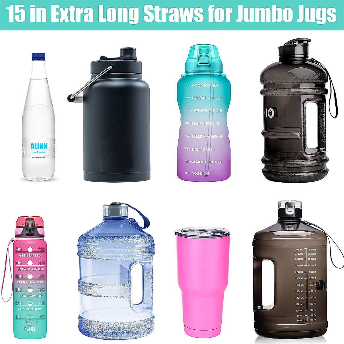 ALINK 15 inch Extra Long Reusable Silicone Straws, 4-Pack Flexible Straws for Stanley 40 oz Tumbler, 1 Gallon Water Bottles, 128 64 30 oz Jug Cup with Cleaning Brush