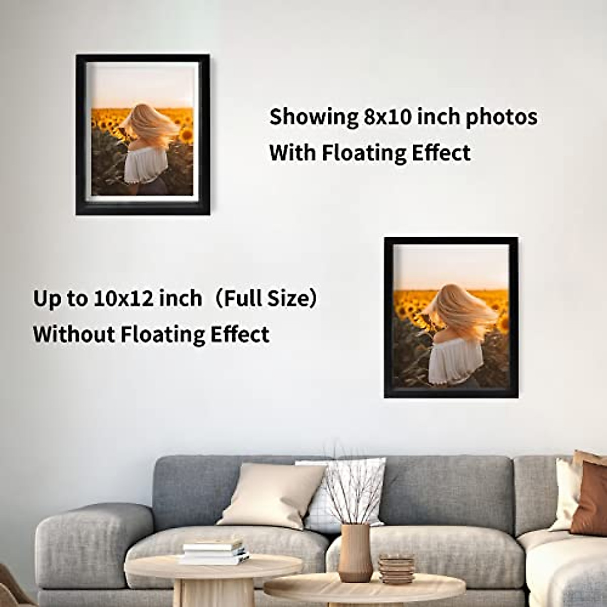 WIFTREY Black 8x10 Floating Picture Frame 2 Pack, Double Glass Distressed Floating Photo Frame for Tabletop or Wall Mount, Displays Photo up to 10x12