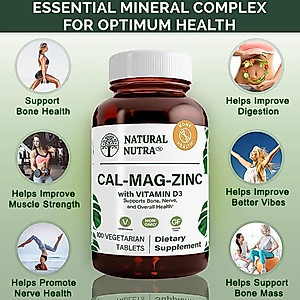 Natural Nutra Calcium Magnesium Zinc (Cal-Mag Zinc) Supplement with Vitamin D3 for Bone Strength, Helps Improve Digestion, Health Gluten Free and Sugar Free, Essential Mineral Complex (100 Count)